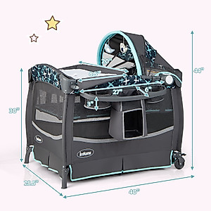 INFANS 4 in 1 Pack and Play, Portable Travel Baby Playard with Bassinet, Changing Table, Canopy, Mosquito Net, Hanging Toys, Music Box, Storage Bag, Large Playpen from Newborn to Toddlers (Pink)