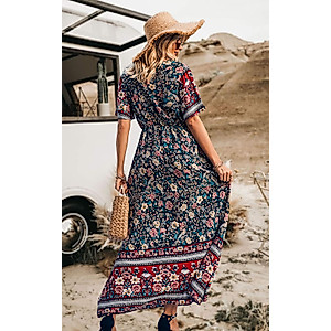 PRETTYGARDEN Women's Casual Summer Boho Floral Print Dress V Neck Short Sleeve High Waist Long Maxi Beach Dresses (Black,Medium)