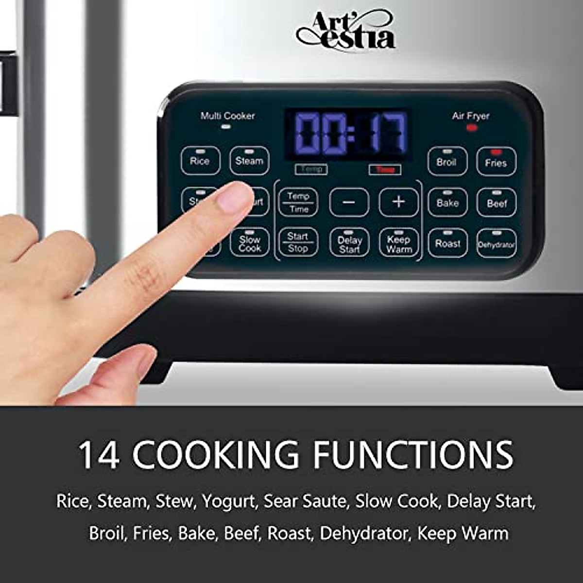 Artestia 12-in-1 Multi Cooker with Air Fry, Sous Vide, Rice, Sauté, Slow Cook, Steam, Roast, & Grill - Removable 6.5 QT Cooking Bowl, 12 Pre-Set Programs, Stainless Steel