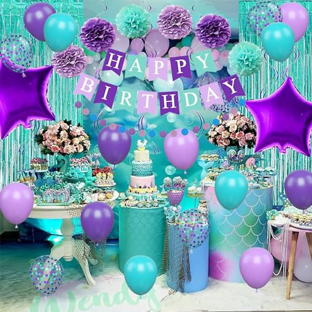 Mermaid Birthday Decorations Purple Teal Blue Party Balloons Happy Birthday Banner Dots Garland Purple Turquoise Green Fringe Curtain Pompom Swirls for Girl Women Birthday Baby Shower Party Decoration