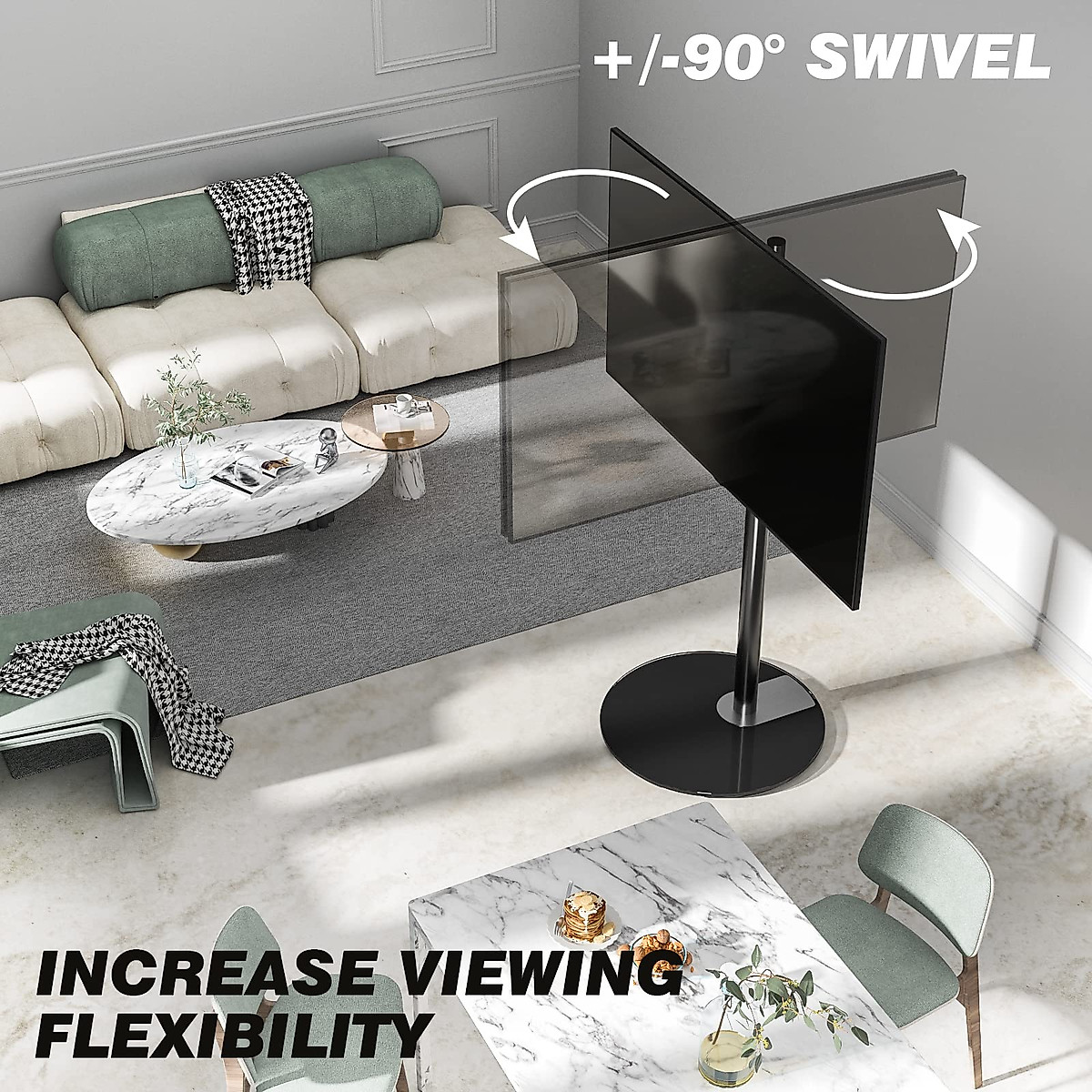 Rfiver Swivel Floor TV Stand with 90 Degree Swivel for 32-65 inch LCD LED TV, Modern Simple Design Black Corner TV Floor Stand with Round Glass Base, VESA 400x400 mm