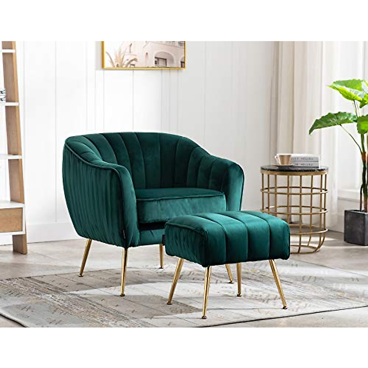 Artechworks Velvet Modern Tub Barrel Arm Chair Upholstered Tufted with Gold Metal Legs Accent Club Chair with Ottoman Footrest for Living Reading Room Bedroom, Green