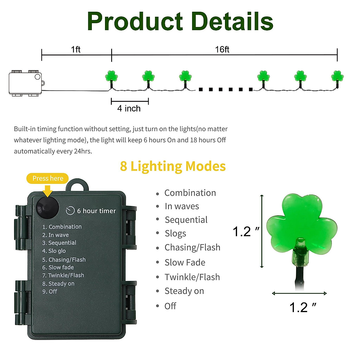 LJLNION St. Patricks Day String Lights Outdoor, 50 LED 16 FT Shamrocks Decorative Green Leaf Lights Battery Operated, 8 Lighting Modes & Timer, Waterproof for Home Garden Party Decoration, 1 Pack