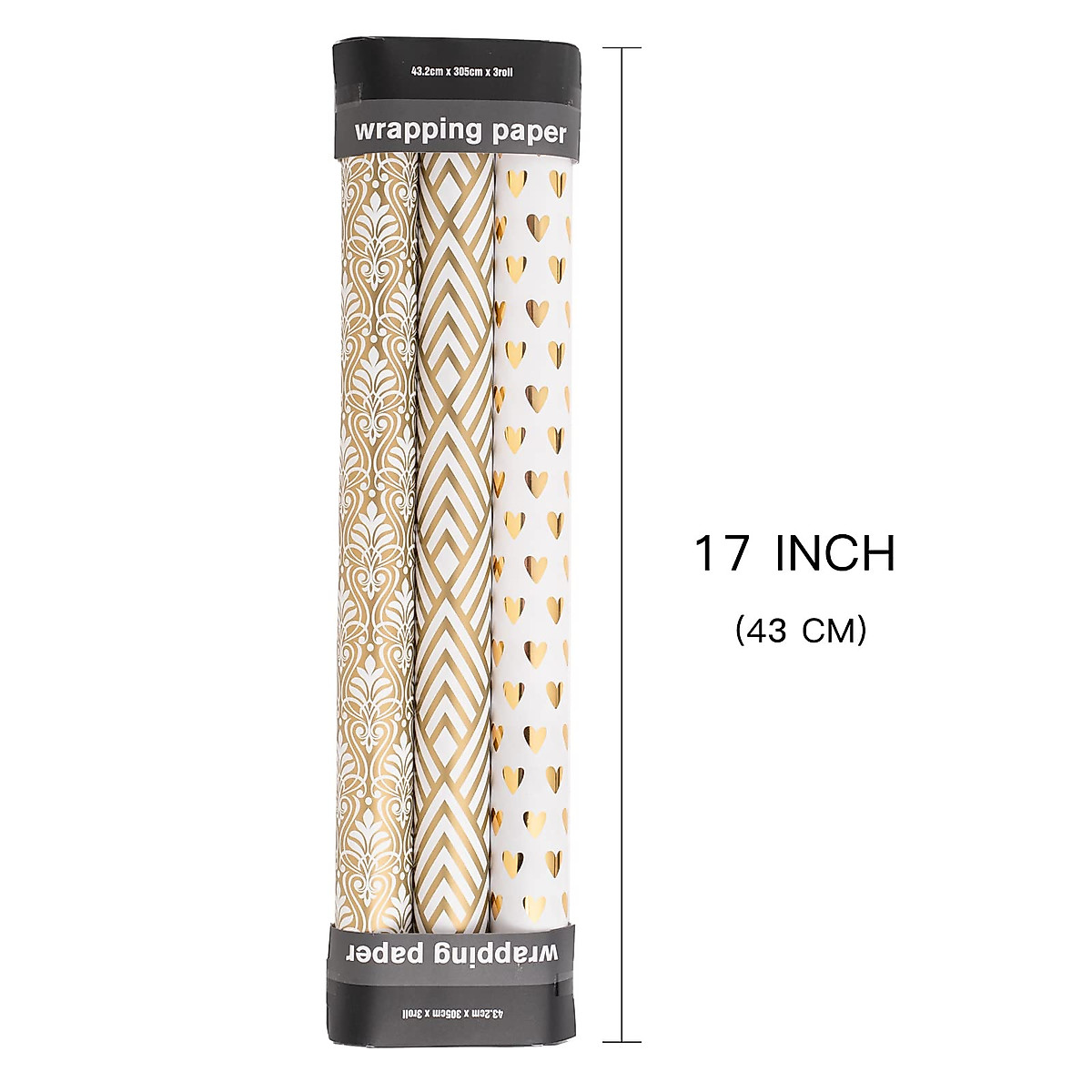 LeZakaa Gold Wrapping Paper Roll - Mini Roll - Geometric Patterns/Floral/Heart for Wedding, Bridal Shower, Birthday - 17 x 120 inches - 3 Rolls (42.5 sq.ft.ttl.)