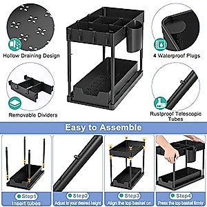 Under Sink Organizers and Storage, 2 Tier Black Bathroom Cabinet Organizer with 4-Height Adjustable Telescopic Tube,4 Removable Dividers,4 Hooks,1 Cup, Kitchen Under Sink Organizer,1 Pack