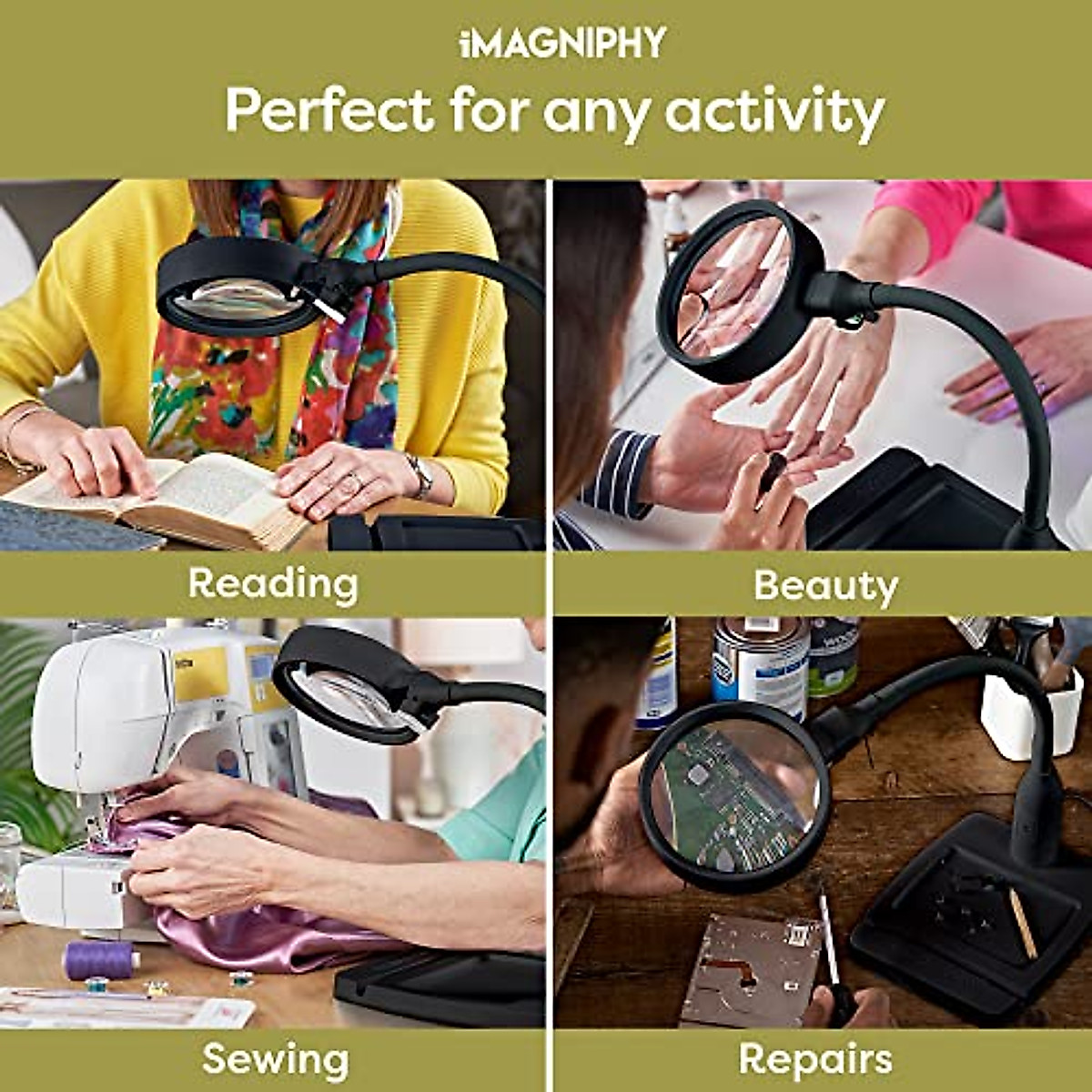 iMagniphy 8X Desk Magnifying Light - White or Black - Magnifying Lamp for Reading, Crafts - Desk Magnifying Glass with Light and Stand, 6 LEDs, Base