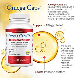 Omega-Caps Extra Strength for Large Breeds-Vet Formulated for Healthy Radiant Skin & Coat While Reducing Excess Shedding. Omega 3 for Immune System Support, Easy to Dose, 180 Soft Gel Capsules