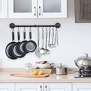 WuGeShop 38 Inch Pipe Pot Bar Rack, Wall Mounted Pan Hanging Rail Bar with 10 S Hooks, Kitchen Lids Utensil Spatula Hanger Organizer, Black