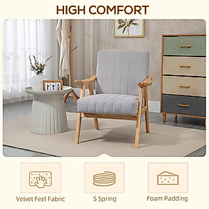 HOMCOM Mid-Century Modern Accent Chair, Upholstered Arm Chair for Living Room, Comfy Chair for Bedroom with Wood Legs, Gray