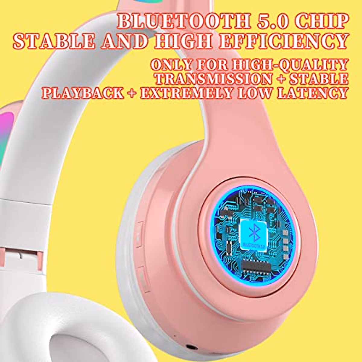 Bluetooth Headphones Over-Ear Cat Ear Wireless Headset with LED Flashing, Noise Cancelling Headphones Lightweight Head-Mounted Wireless Headphones with Hifi Stereo, Deep Bass, Cool Stuff (Black)