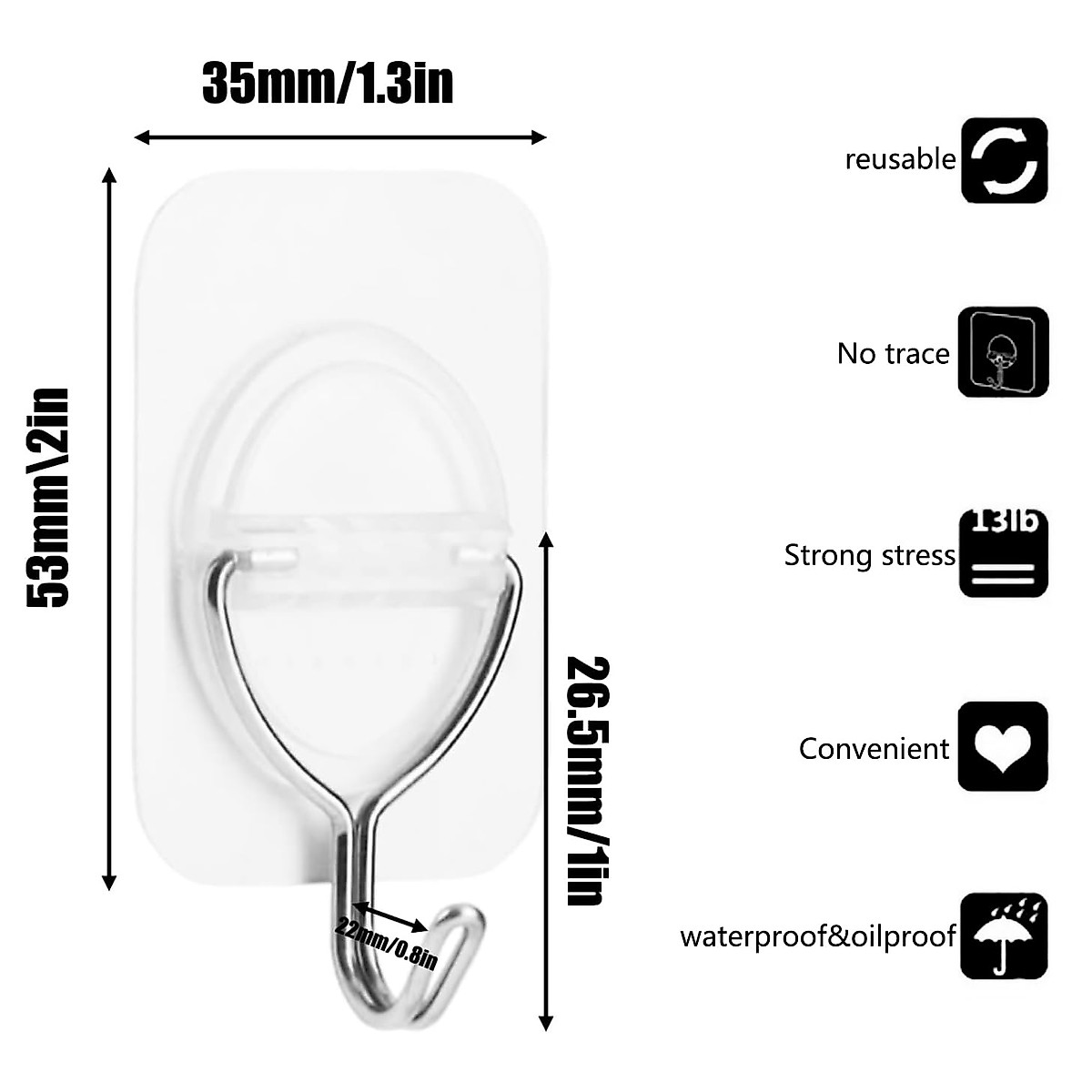 AccEncyc Small Adhesive Wall Hooks Clear Hooks for Hanging 9Pcs Kitchen Adhesive Hooks Strong Stick On Hooks Sticky Hangers with Stainless Hooks Heavy Duty Bathroom Hooks 13lb(Max)