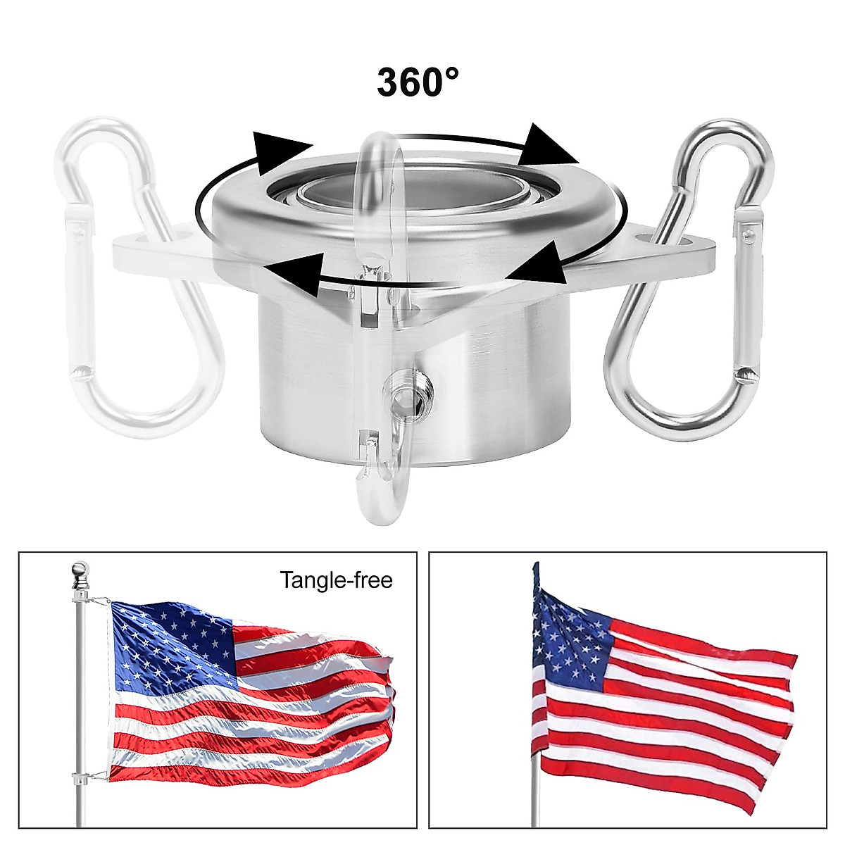 MOFEEZ Flag Pole Rings with Bearings, Fit Flagpole with 0.75-1inch Diameter, 360 Degree Anti-Wrap Aluminum Alloy Rotating Flag Mounting Rings with Carabiner Tangle Free(Pack of 2-Silver)