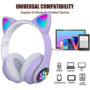 KERHAND Bluetooth Headphones for Kids, Cute Ear Cat Ear LED Light Up Foldable Headphones Stereo Over Ear with Microphone/TF Card Wireless Headphone for iPhone/iPad/Smartphone/Laptop/PC/TV (Purple)