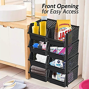 Skywin Plastic Stackable Storage Bins for Pantry - Stackable Bins For Organizing Food, Kitchen, and Bathroom Essentials (Black - 8 Pack)
