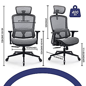 resiova Office Chair Ergonomic Computer Chair,High Back Mesh Chairs,Computer Chair with Lumbar Support and Retractable Armrests,Swivel Mesh Office Chair for Home Office and Study,Grey