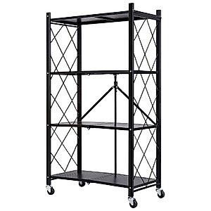 Txxplv 4-Tier Folding Shelf Storage Shelves Heavy Duty Foldable Metal Shelving Units Racks with Wheels No Assembly Required Great for Kitchen and Garage Shelf