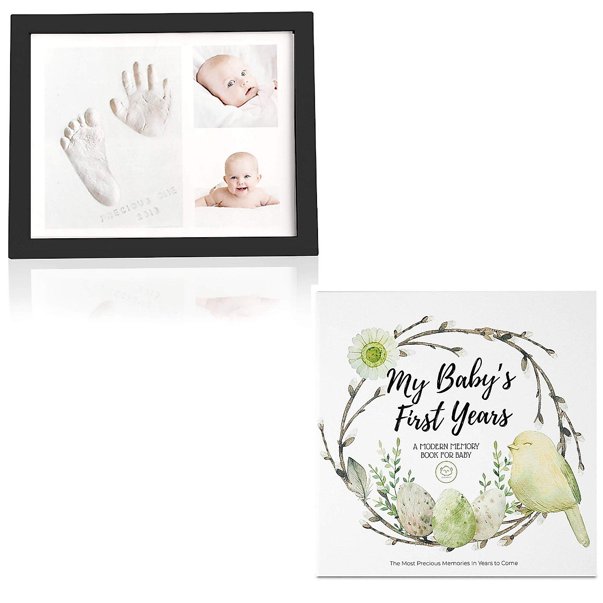 Newborn Baby Keepsake Set Bundle - Baby First 5 Years Memory Book & Baby Handprint Footprint Keepsake Photo Frame - Baby Nursery Art Kit and Journal For Baby Boys & Girls