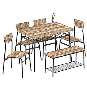 STHOUYN 6 Piece Dinning Table Set for 6, Rectangular Kitchen Table and Chairs Set, Bench, Industrial Metal Frame & Storage Rack, Dining Room, Dinette, Breakfast Nook Small Space (Brown (6 Piece))
