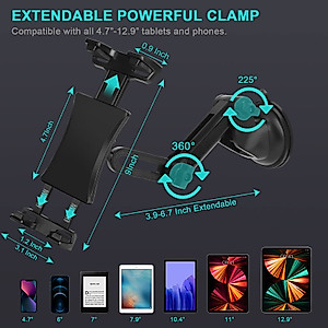 Tablet Car Dashboard & Windshield Mount, Universal 360° Adjustable Window Dash Suction Cup Holder for iPad Pro 12.9/11/10.5/9.7/Air/Mini 6 5 4, Samsung Galaxy, 4.7-12.9" Tab & Phone, 1* TPU Sticky Pad