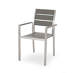 Belle Outdoor Modern Aluminum Dining Chair with Faux Wood Seat (Set of 2), Gray and Silver