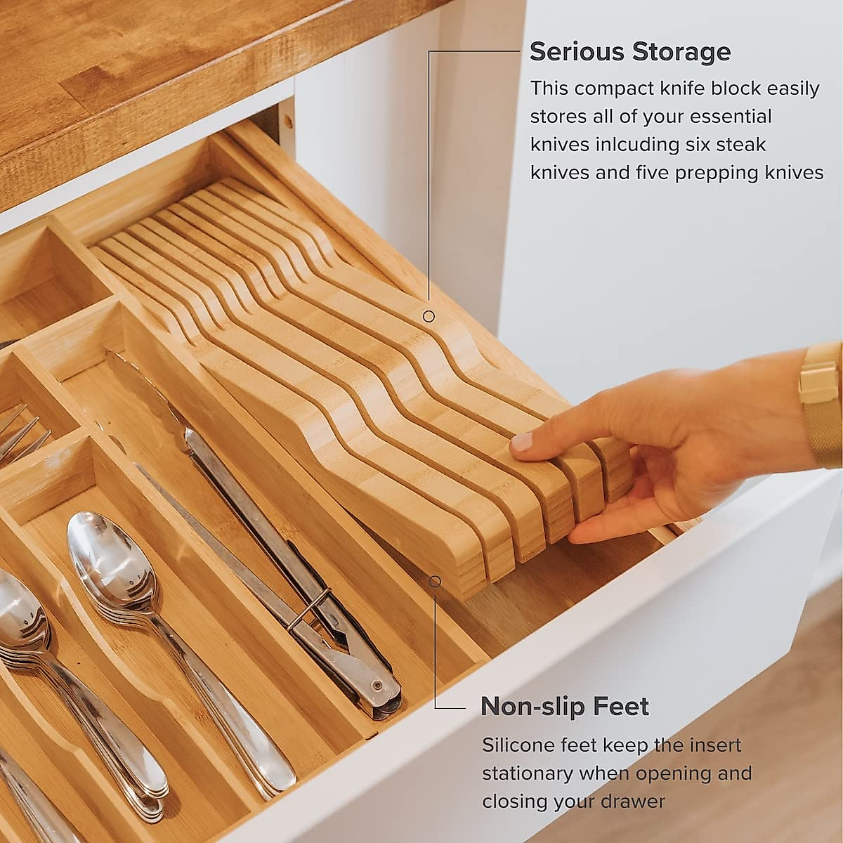 Bamboo Kitchen Knife Block Holder Organizer - Holds 5 Long + 6 Short Knives (Not Included), Fits Most Knife Sizes, Rubber Feet, Sustainable Bamboo, In-Drawer Design