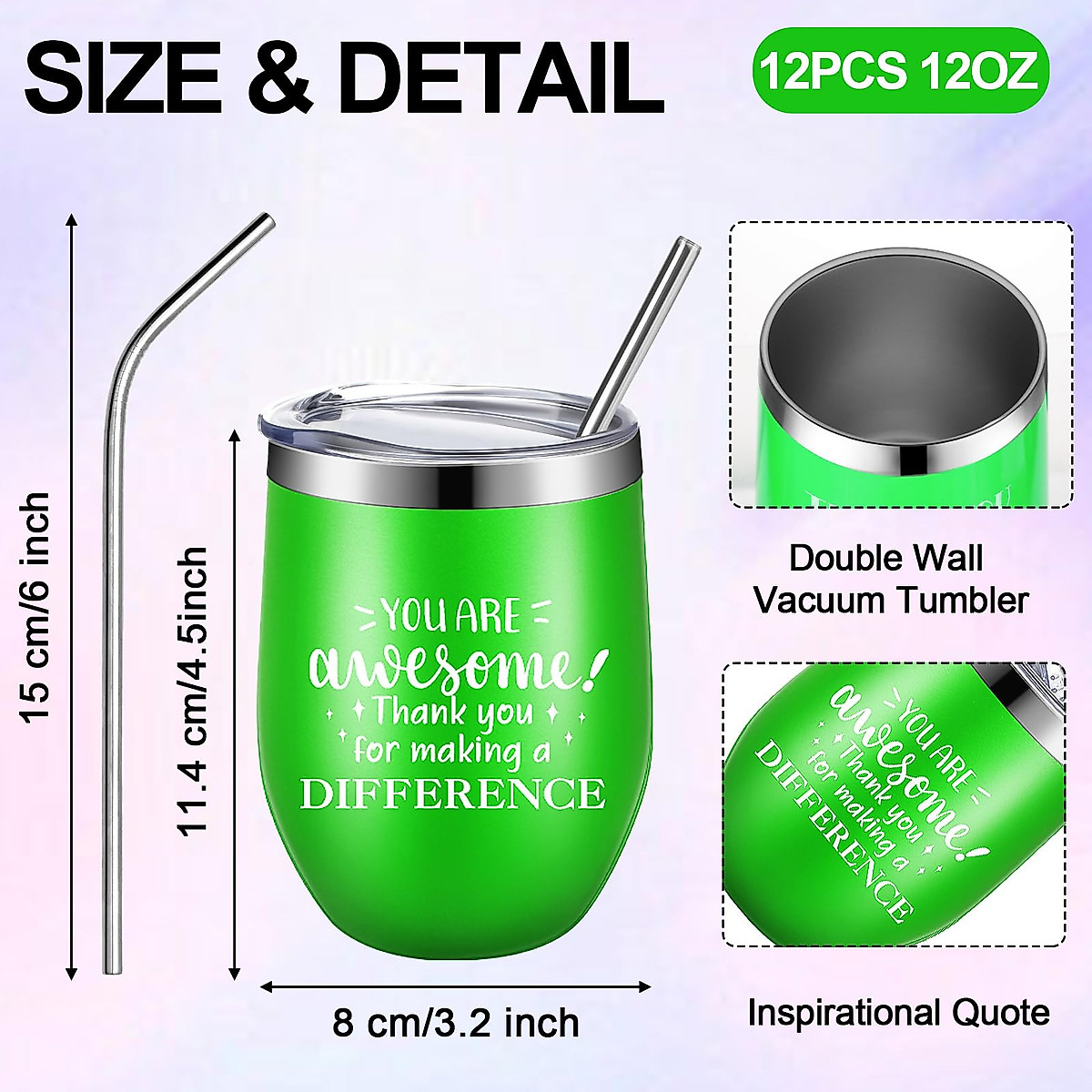 Uiifan 12 Pcs Appreciation Employee Gifts Wine Tumbler Bulk Thank You Team Gift for Staff Office Coworker Women Men 12 oz Inspirational Stainless Steel Insulated Tumbler with Straw