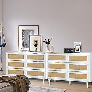 FUQARHY 6 Drawer Dresser Rattan Dresser Modern Chest with Drawers,Wood Storage Closet Dressers Chest of Drawers for Bedroom,Living Room,Hallway (White)