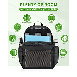 MAY TREE Heavy Duty Mesh Backpack, Semi-Transparent Mesh Backpack, See Through Mesh Backpack for Commuting, Swimming, Travel, Beach, Outdoor Sports (Black)