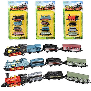 ArtCreativity Mini Locomotive Train Playset for Kids, Set of 3, Each Set with 1 Locomotive and 3 Carts, Diecast Train Toy for Boys and Girls with Pullback Motion, Great Birthday Gift