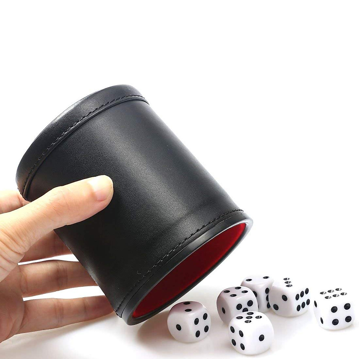 RERIVER Felt Lined PU Leather Dice Cup Set with 6 Dot Dices (Black, Pack of 1)
