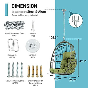 Patiorama Indoor Outdoor Egg Swing - Rattan Hanging Chair w/Cushion, 350lbs Capacity, All Weather Foldable Hammock Chair for Bedroom, Porch (Olive Green)