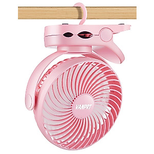 VANPRT 6'' Clip Fan, Portable Clamp Fan with Hanging Hook, 5000mAh Rechargeable Battery Fan, 3 Speeds, 720° Rotation, Quiet, Strong Grip Clamp, 7-30 Working Hours for Camp Stroller Bed - Pink