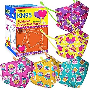 Kids KN95 Masks for Children, 50 Pack 5 Ply KN95 Mask for Kids with Adjustable Earloop, Multicolor Print Children's Mask Breathable Face Masks for Girls Boys