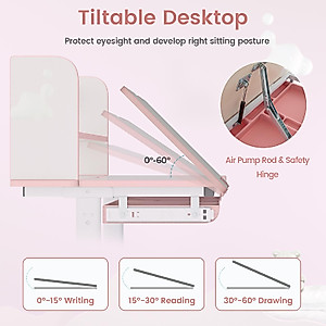 Costzon Kids Desk and Chair Set, Height Adjustable Children School Study Table and Chair Set w/Tilt Desktop, Storage Drawer Hutch, Student Computer Workstation, Kids Desk for Girls Bedroom (Pink)