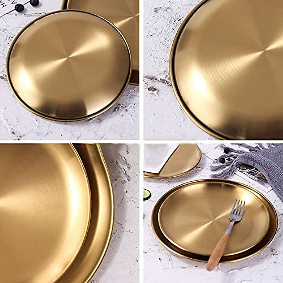 Retro Metal Round Gold Tray, Western Steak Round Serving Dishes, Stainless Steel Dining Plate, European Style Serving Cake Tray Kitchen Tool(23cm)