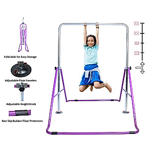 Gymnastics Bar Kids Home Training Kip Bar | Expandable Horizontal Kip Bar Folding Home Gym Equipment Boys and Girls | Junior Gymnastics Training Jungle Gym Monkey Bar Playground Gymnastic Bar Purple