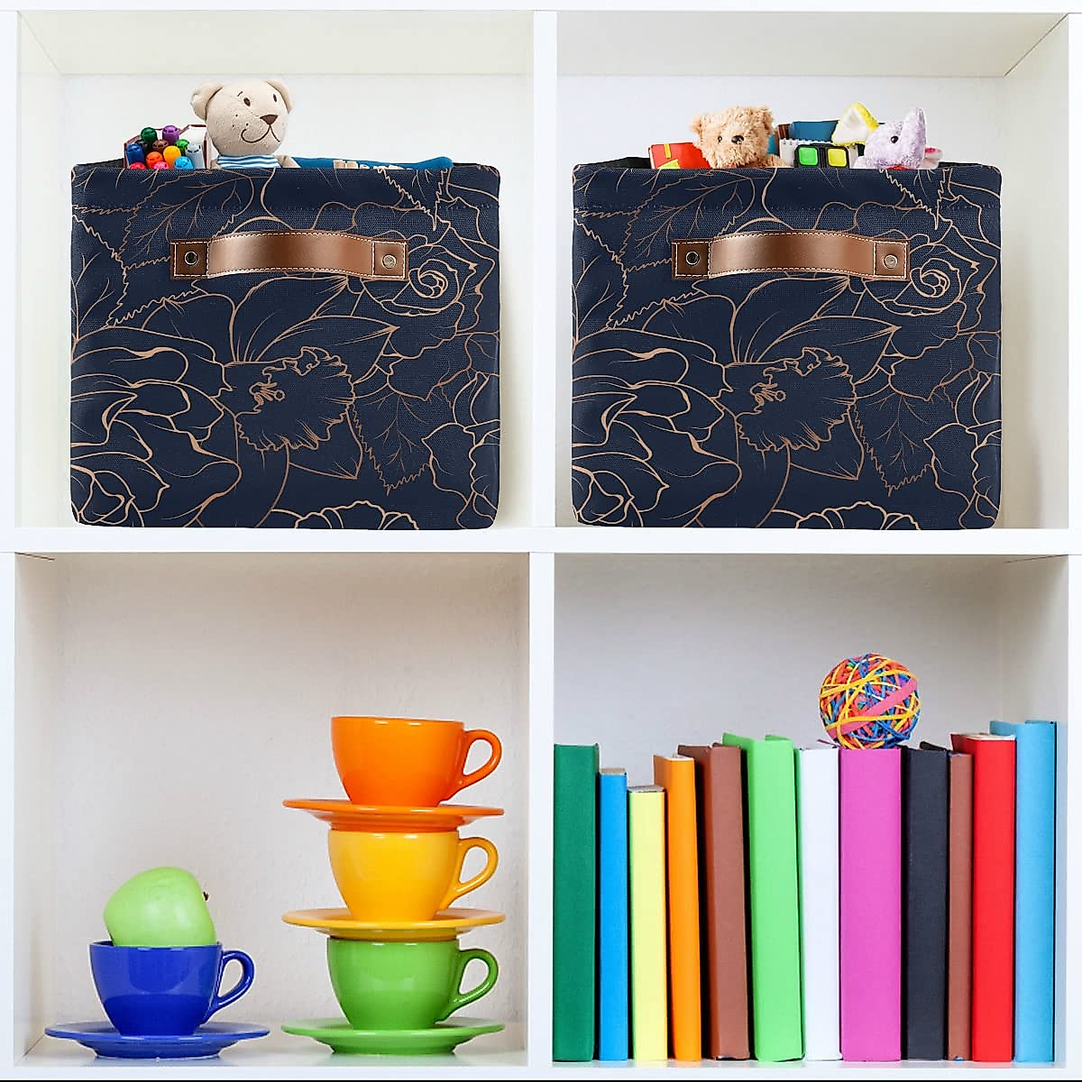 Copper-gold Gloss Outline Navy Dark Blue Rectangle Storage Basket Collapsible Storage Bin for Nursery Toys Books, Waterproof Baskets for Closet Shelves Bedroom Decor