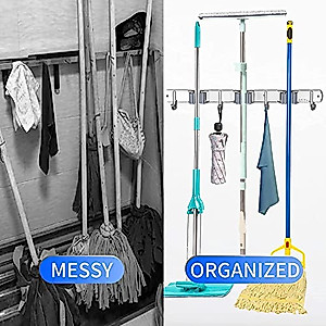 2 Packs Broom and Mop Holder Wall Mounted Garage Organizer Storage Tool Racks Heavy Duty Stainless Steel Mop Holder 4 Hooks 3 Clips, Holds up to 14 Tools for Laundry Room Garden Garage Closet Kitchen
