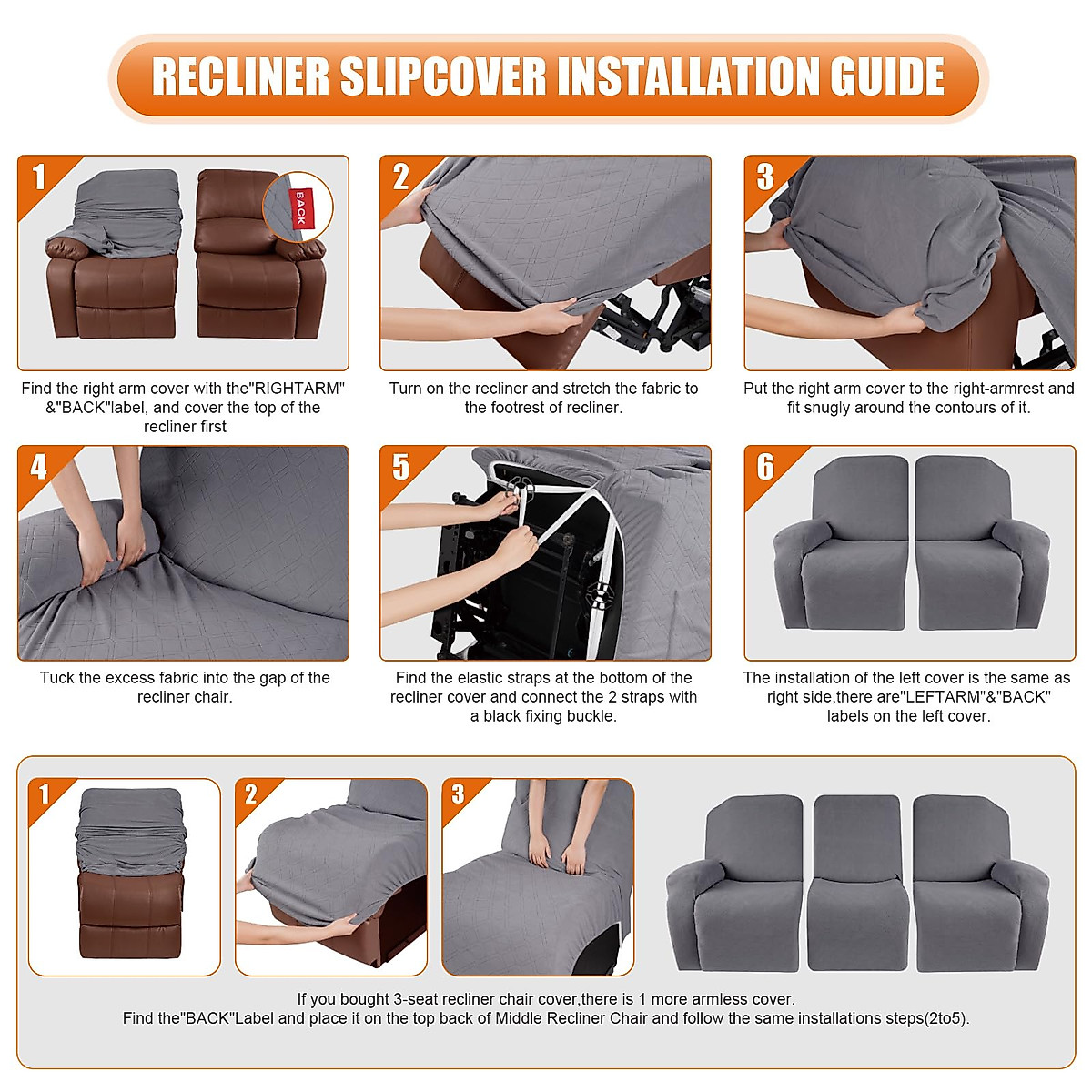 VANSOFY Recliner Cover, 3-Pieces Stretch Reclining Couch Covers with Pockets Reclining Sofa Slipcovers 3 Seater Soft Washable Furniture Protector for Dogs Cats(Light Gray)