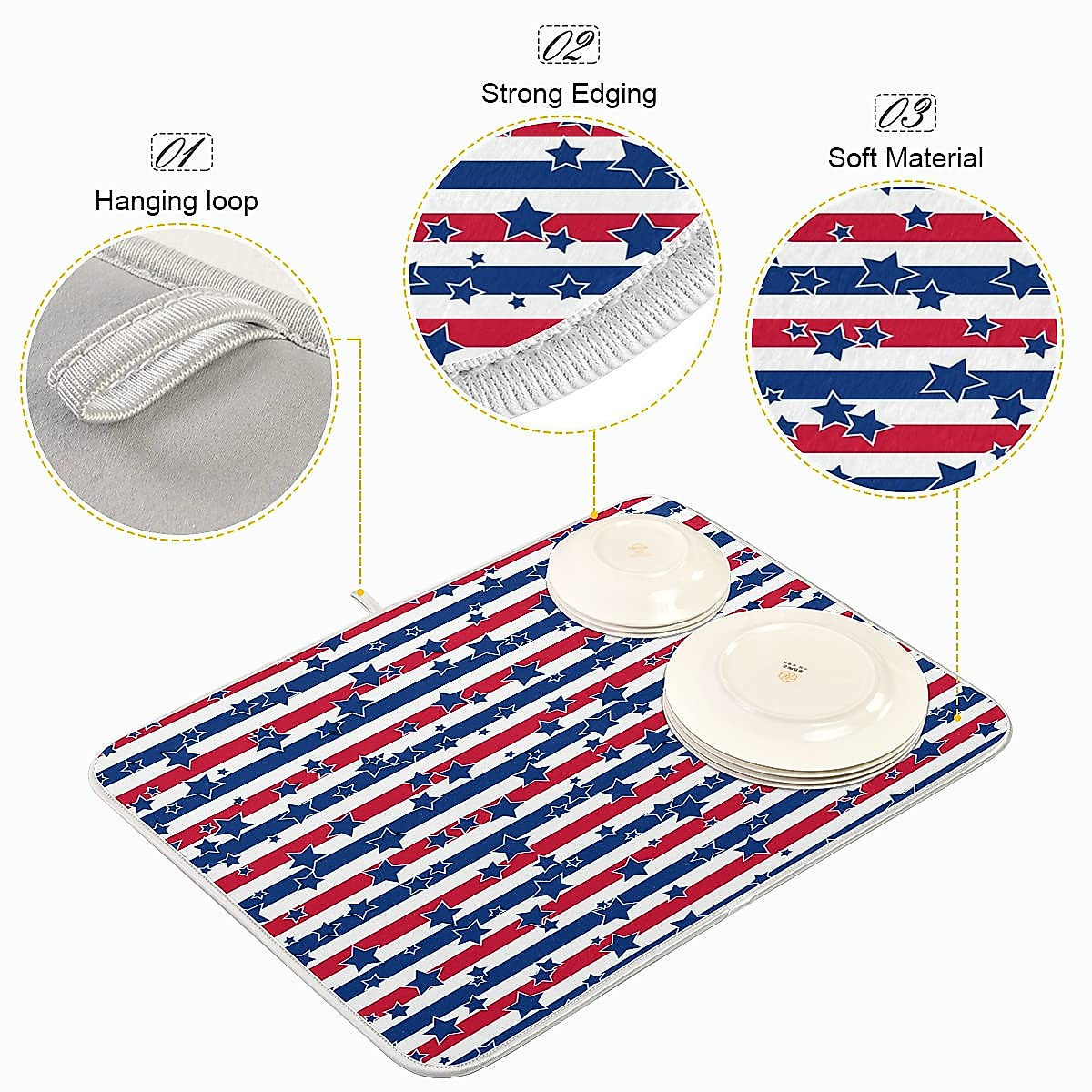Dish Drying Mat American Stars And Stripes Kitchen Counter Mat Dishes Pad Dish Mats for Drying 4th Of July, Reversible, Super Absorbent 18x24