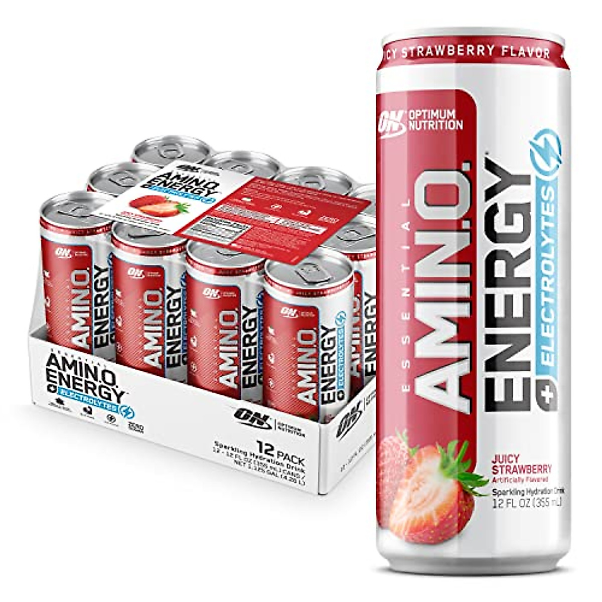 Optimum Nutrition Amino Energy Drink + Electrolytes for Hydration - Sugar Free, Amino Acids, BCAA, Keto Friendly, Sparkling Drink - Juicy Strawberry, Pack of 12 (Packaging May Vary)