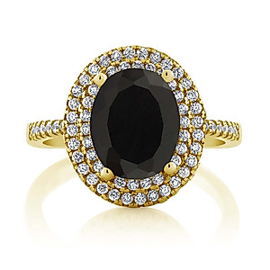 Gem Stone King 18K Yellow Gold Plated Silver Black Onyx Ring For Women (3.80 Cttw, Oval 9X7MM, Gemstone Birthstone, Available in size 5, 6, 7, 8, 9)