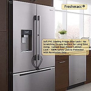 Fridge Cabinet Door Lock with Keys, Fresheracc Refrigerator Latch Baby Child Kids Proof Safety Cable Locks for French Doors Kitchen Bathroom RV No Drill No Screw Adhesive (2 Pack, Black)