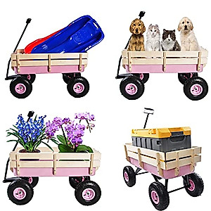 All Terrain Wagons for Kids Wagon with Removable Wooden Side Panels Garden Wagon Cart Heavy Duty with Steel Wagon Bed Folding Wagons for Kids/Pets Ideal Gift for Kids for Halloween Christmas, Pink