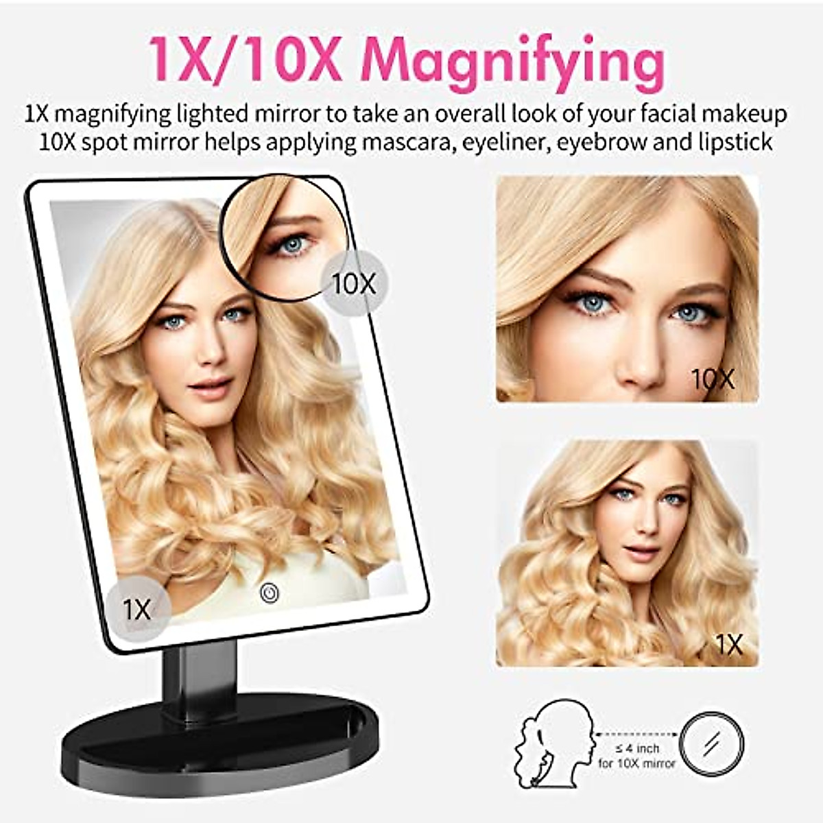 COSMIRROR Large Lighted Makeup Mirror, 14.5in x 9in, 88 LED Lights, 10X Magnification, Touch Sensor Dimming, 360 Rotation Tabletop Personal Beauty Light Up Mirror