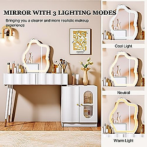 Chrangmay Modern Vanity Desk with Mirror and LED Lights,Retractable Makeup Vanity with 2 Wave Drawers & Cabinet,Writing Desk,for Bedroom,Bathroom, Gift for Girls and Women,White