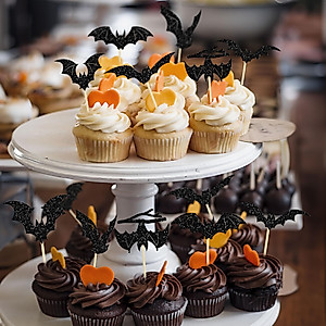 Gyufise 24Pcs Halloween Bat Cupcake Toppers Black Glitter Bat Halloween Cupcake Picks for Halloween Theme Baby Shower Kids Birthday Party Cake Decorations Supplies