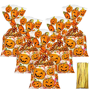 HESTYA 50 Counts 15 x 25 cm Flat Clear Cellophane Treat Bags Block Bottom Pumpkin Halloween Patterned Storage Bags Sweet Bags with 300 Pieces Twist Ties for Halloween Christmas Party Favor(Style D)