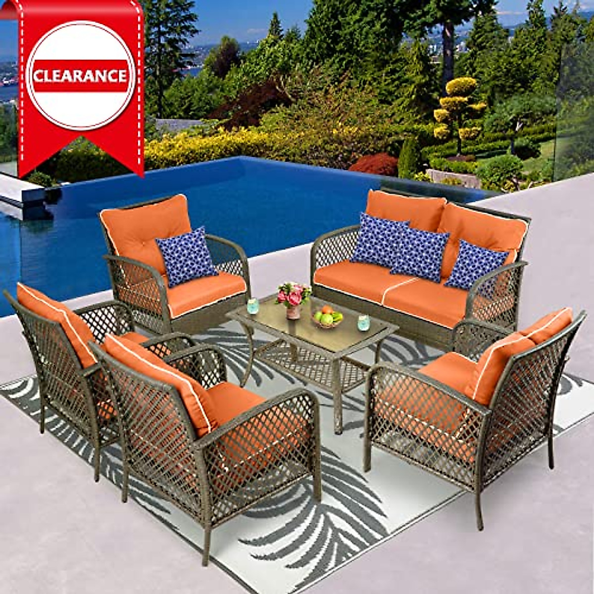 PHIKOOVA 6-Piece Wicker Patio Conversation Furniture Sets w/ 4 Pillows, Orange Outdoor Patio Furniture Set w/Table, All Weather PE Rattan Porch Outdoor Chairs, Brown Wicker/Orange Cushions