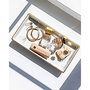 Ceramic Vanity Tray, Candle Tray with White Marble Finish | Jewelry Tray, Jewelry Dish | Marble Tray Decor, Perfume Tray for Dresser | Decorative Tray, Bathroom Tray, 9x4.5x1 inches